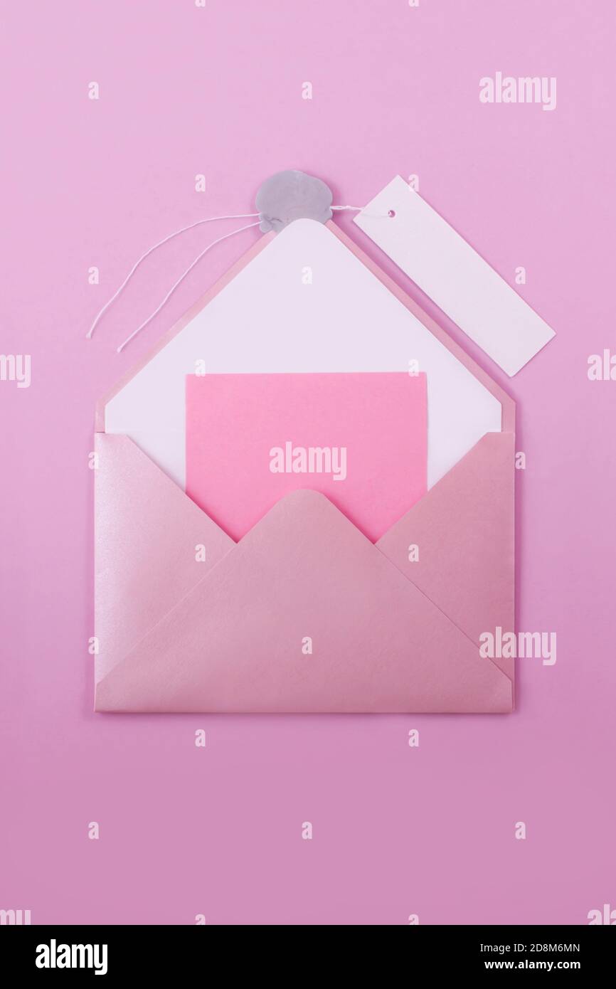 Pink open envelope-letter with a wax seal and a paper label for signing ...