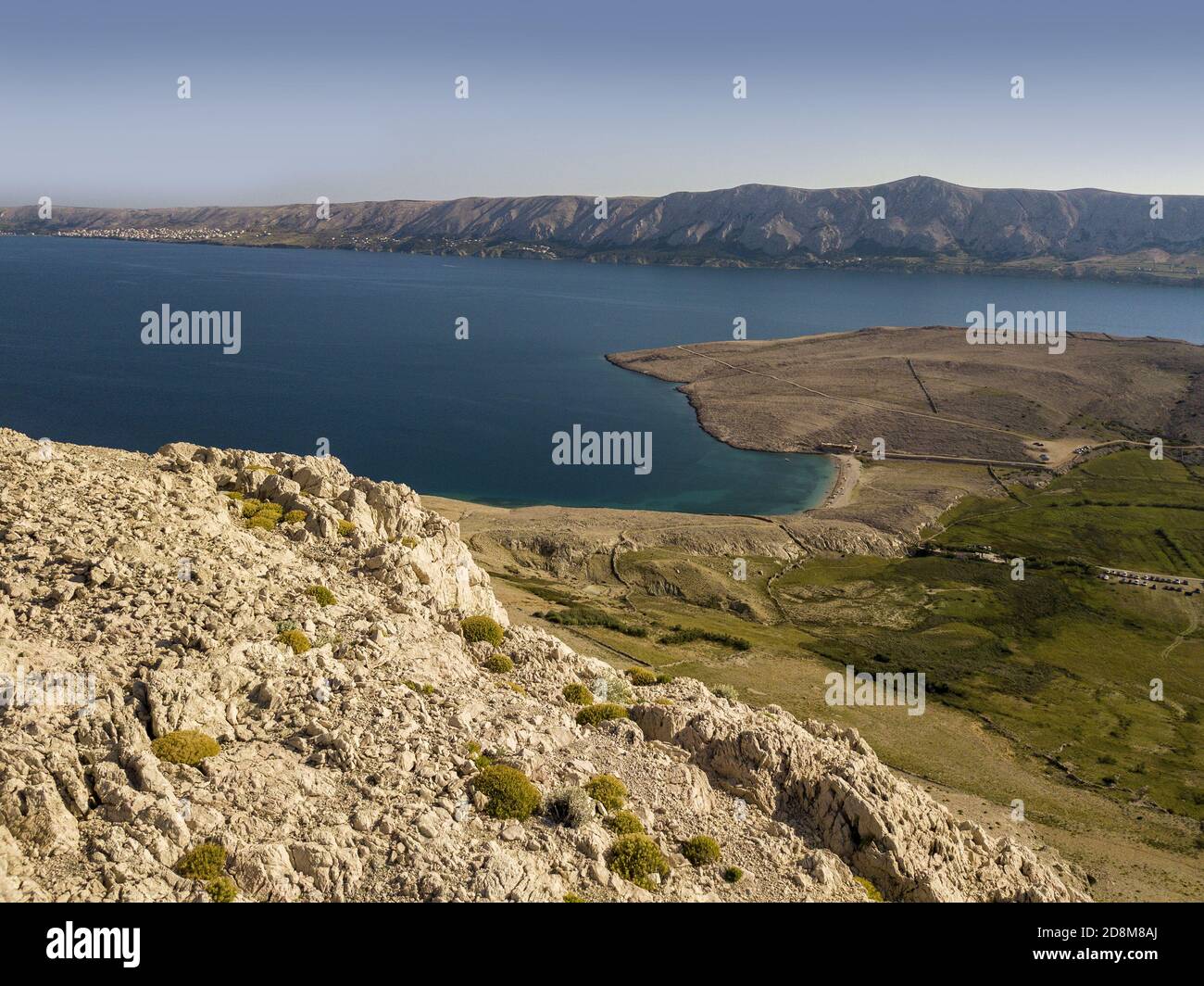 Aerial view of Rucica beach on Pag island, Metajna, Croatia. Seabed and ...