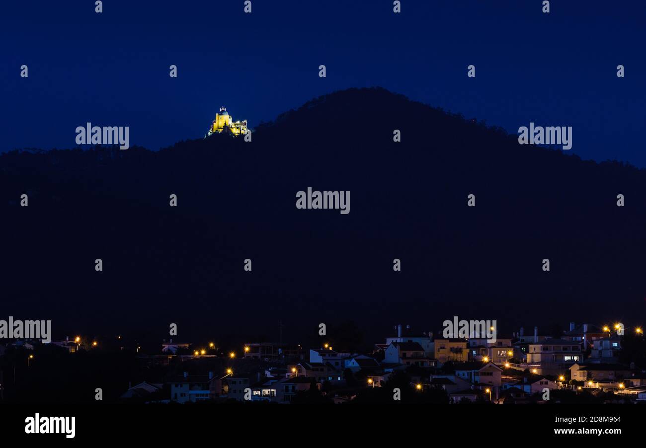 Pena Palace in Sintra, Lisbon, Portugal in the night lights. Famous ...