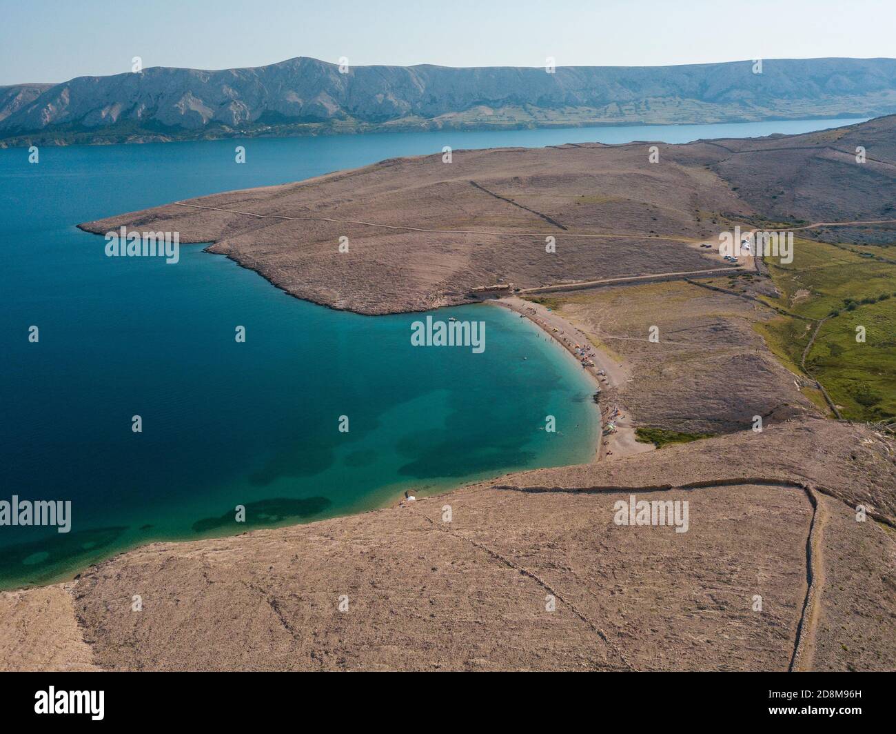 Aerial view of Rucica beach on Pag island, Metajna, Croatia. Seabed and ...