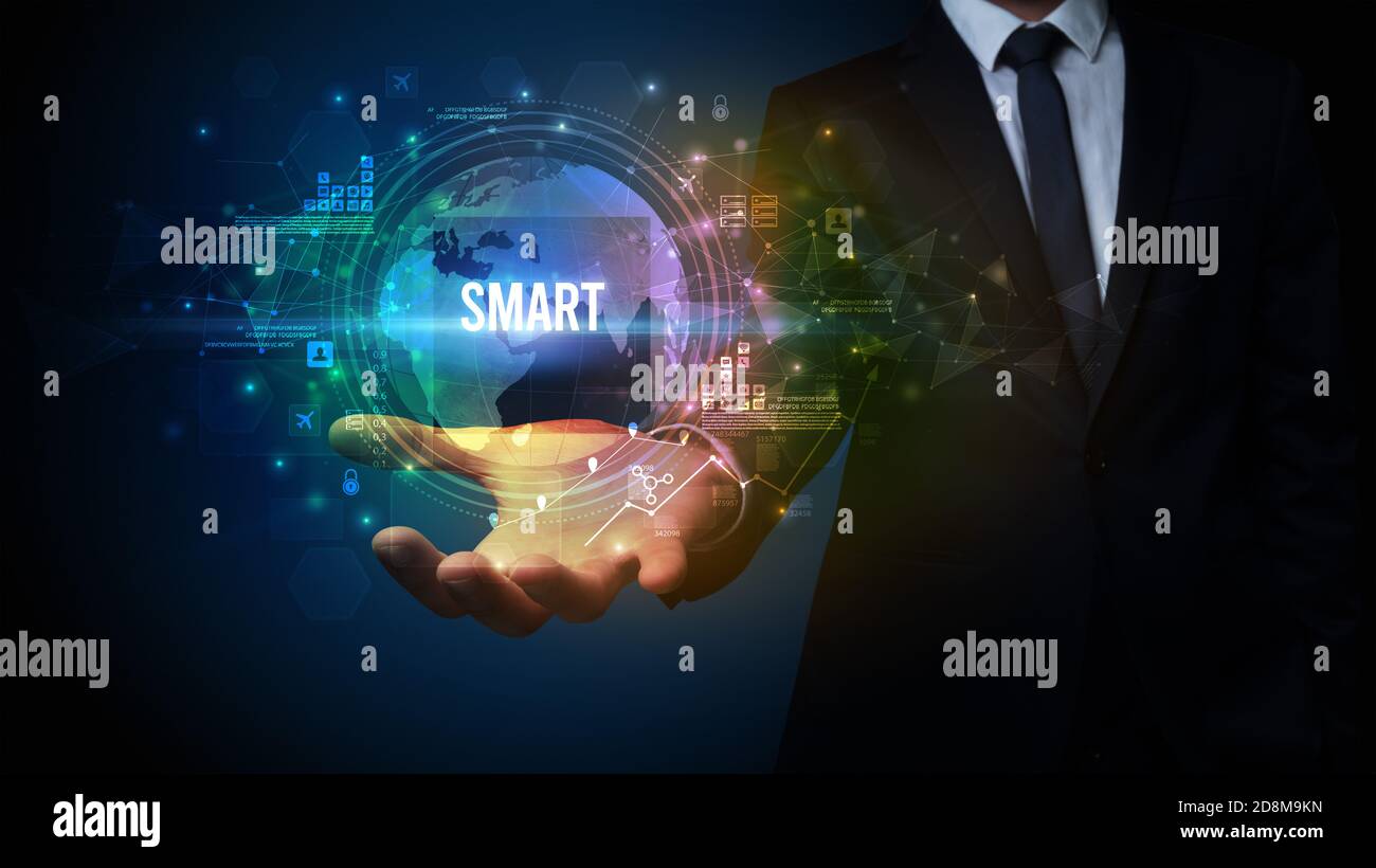 Elegant hand holding SMART inscription, digital technology concept ...