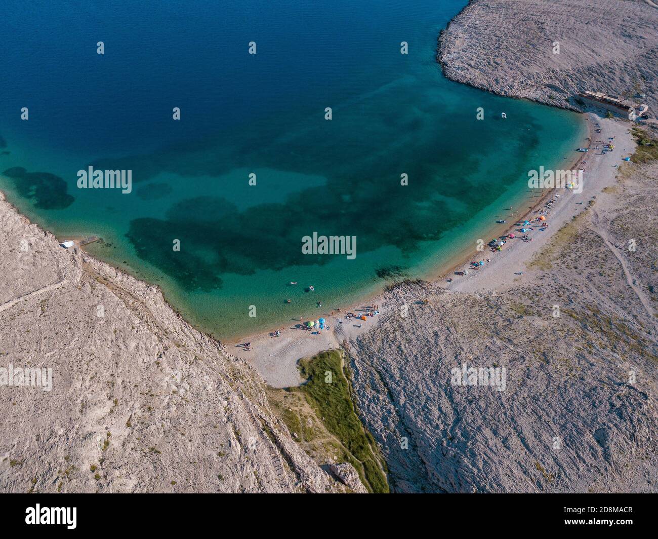 Aerial view of Rucica beach on Pag island, Metajna, Croatia. Seabed and ...