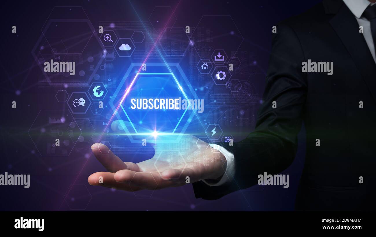Man hand holding SUBSCRIBE inscription, social media concept Stock ...