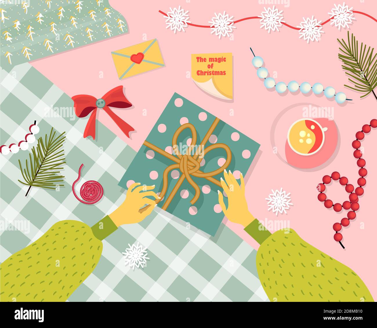 Gift wrapping. Unpacking gifts. Hands holding a box.Trendy Christmas ...