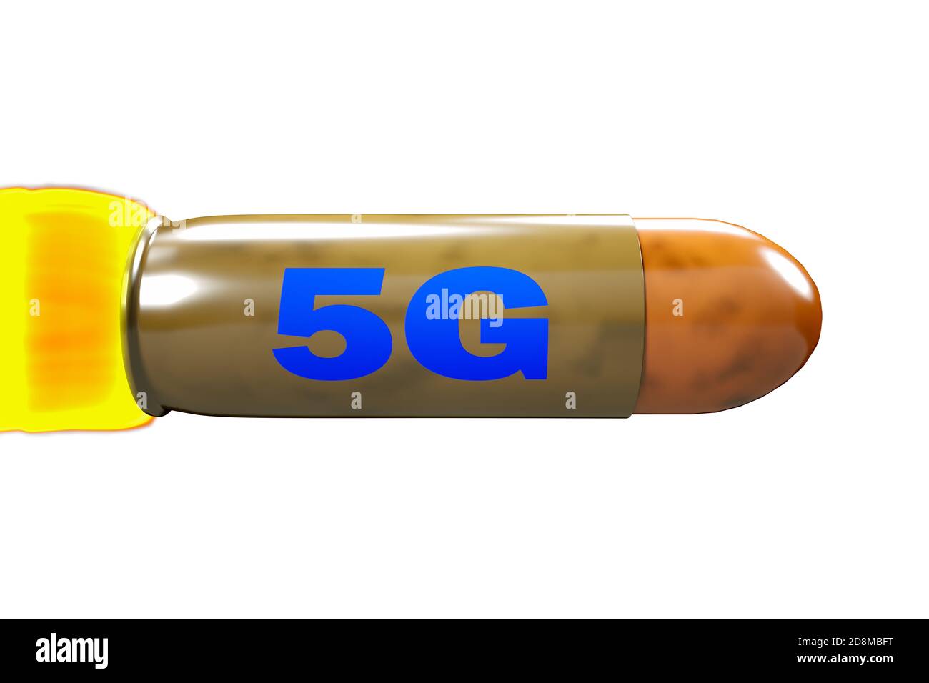 5G word on a flying bullet with fire on white background. New ...