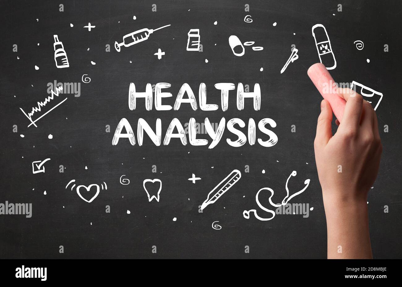 Hand drawing HEALTH ANALYSIS inscription with white chalk on blackboard ...