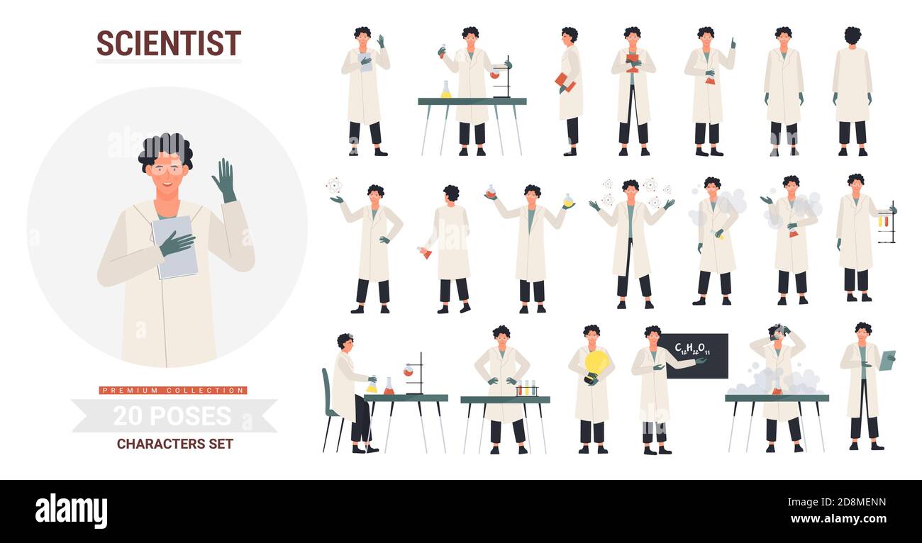 Scientist poses vector illustration set. Cartoon man character wearing ...