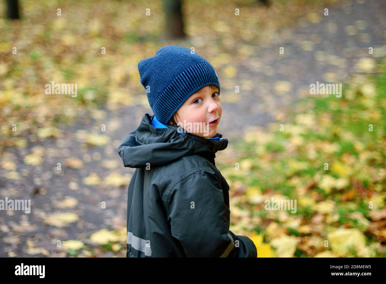 Cute little boy walking in the Park on an autumn day. Turn around Stock ...