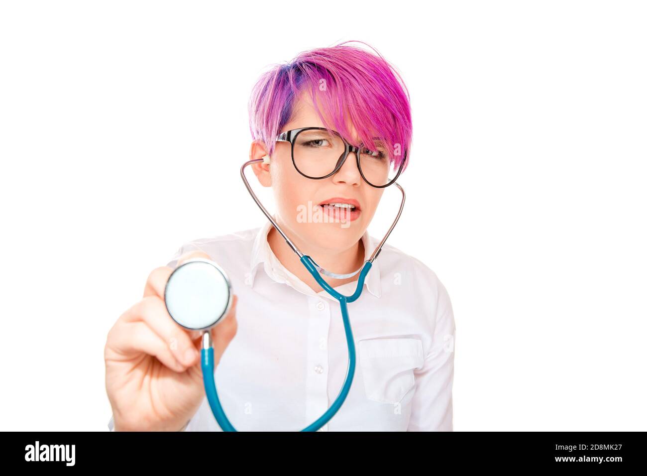 Closeup portrait young suspicious skeptical crazy female doctor ...