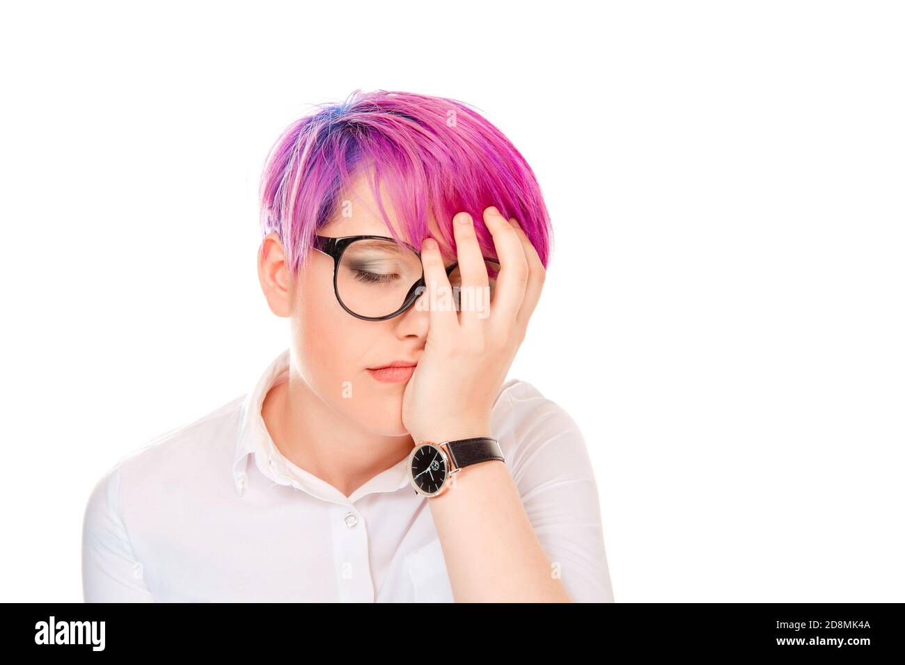 Sad woman covering her face with hand, eyes closed isolated white ...