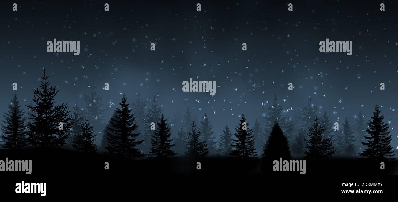 winter holiday snow night time banner with trees in the forest Stock ...