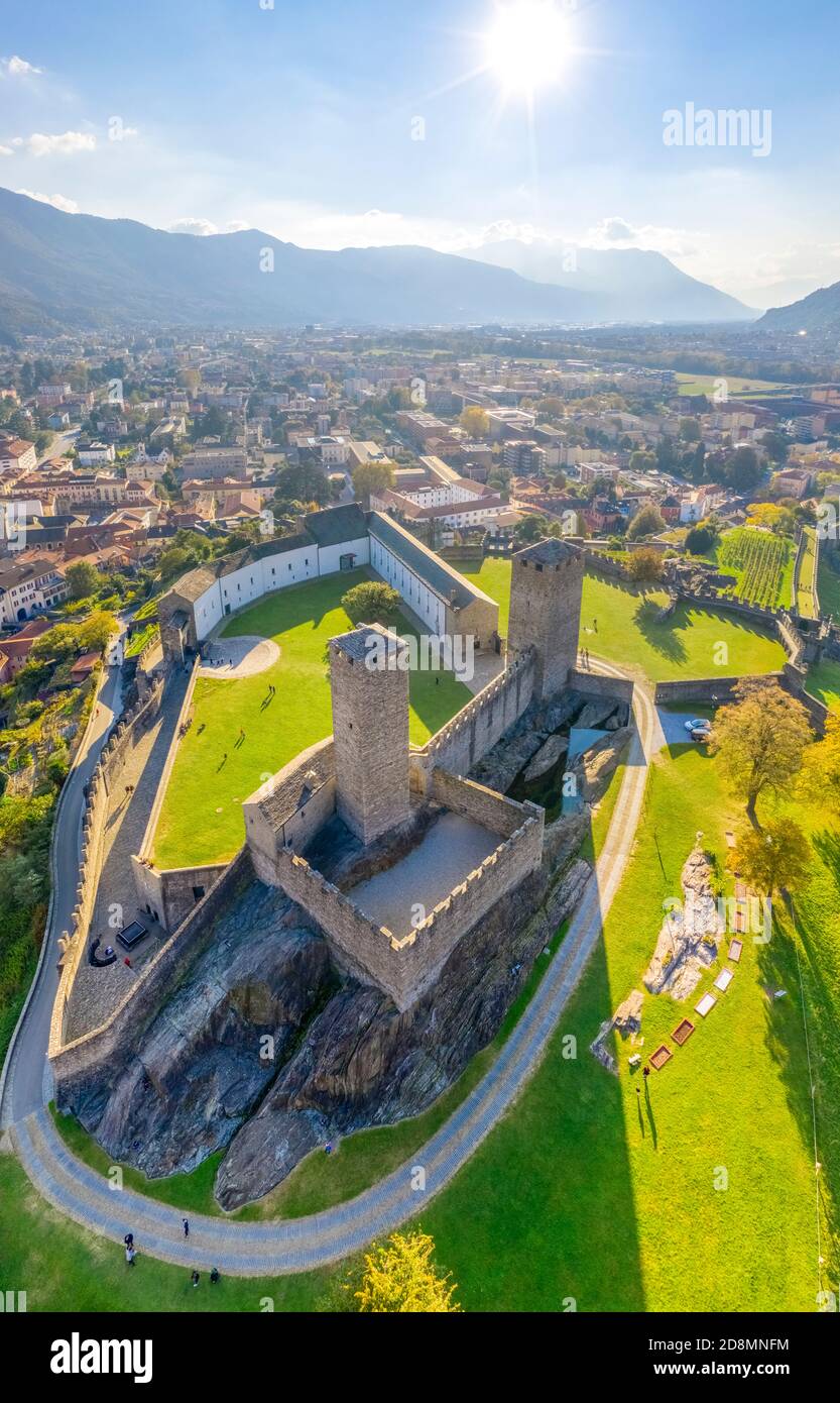 Aerial view of the medieval Bellinzona castles, Unesco World Heritage ...