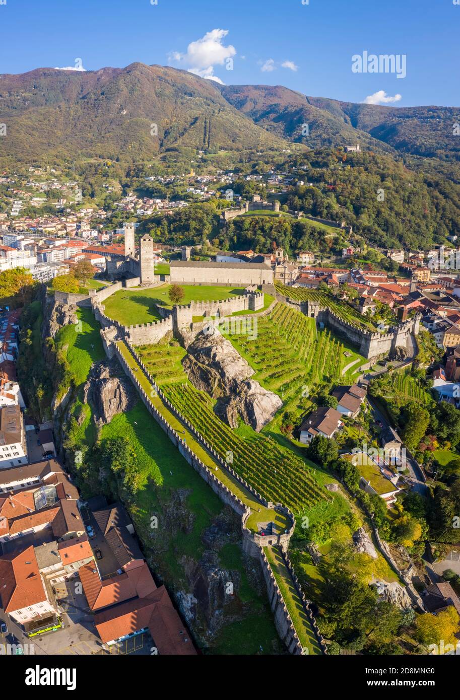 Aerial view of the medieval Bellinzona castles, Unesco World Heritage ...