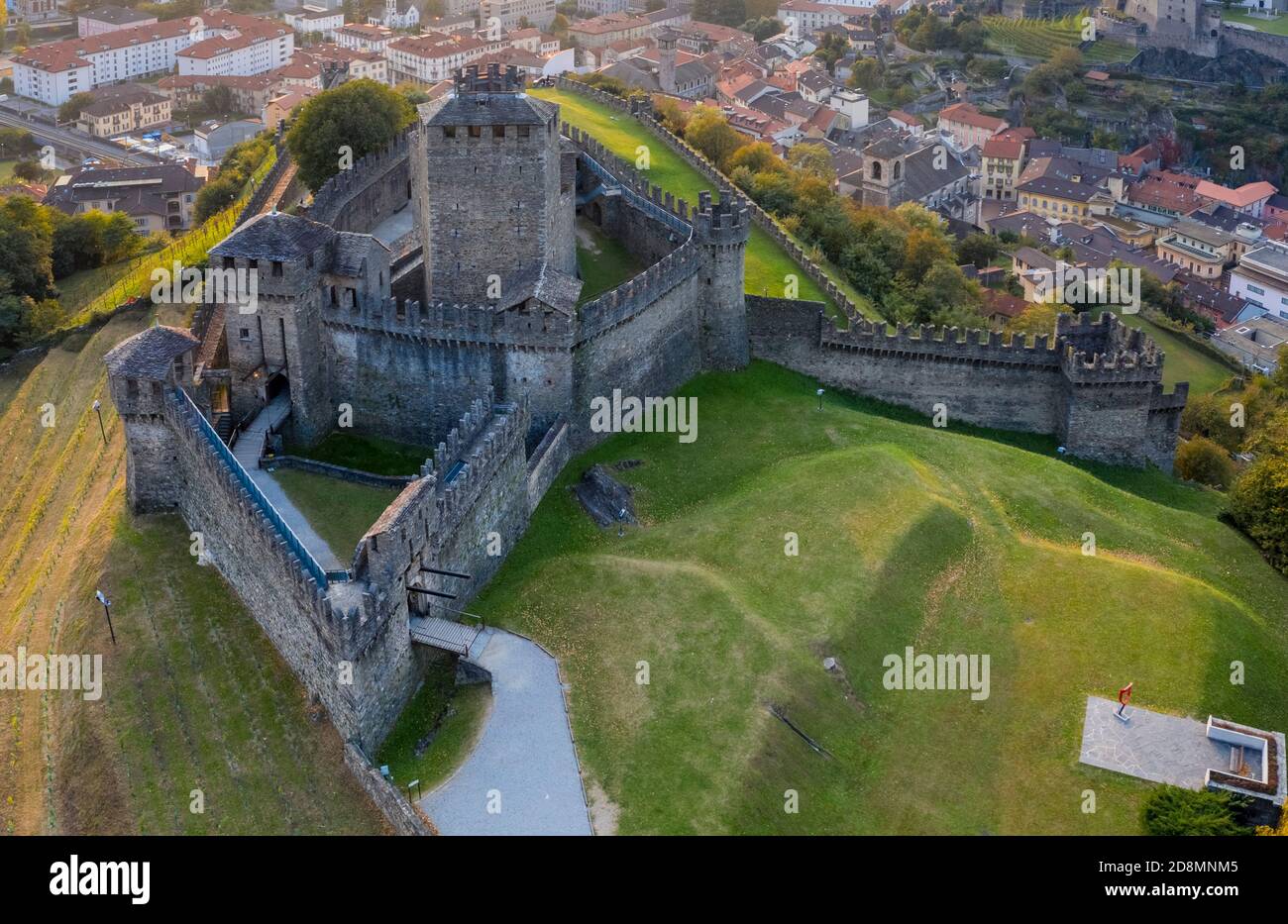 Aerial view of the medieval Bellinzona castles, Unesco World Heritage ...