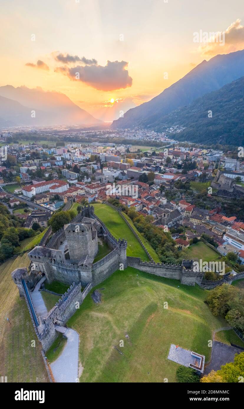 Aerial view of the medieval Bellinzona castles, Unesco World Heritage ...