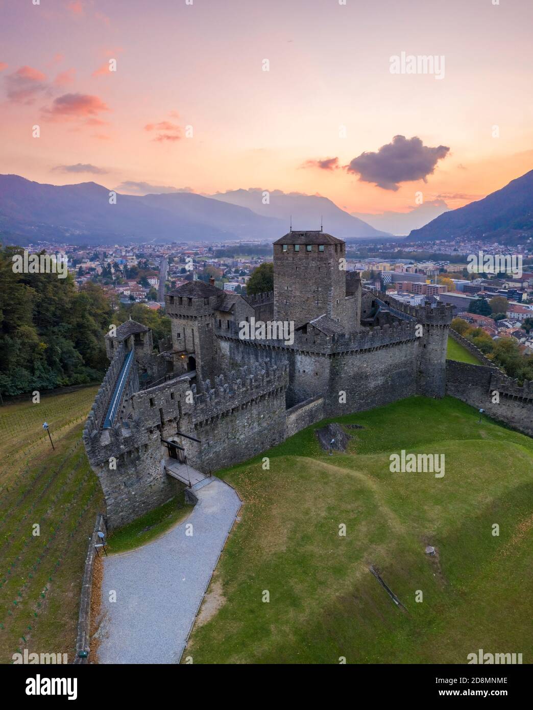 Aerial view of the medieval Bellinzona castles, Unesco World Heritage ...