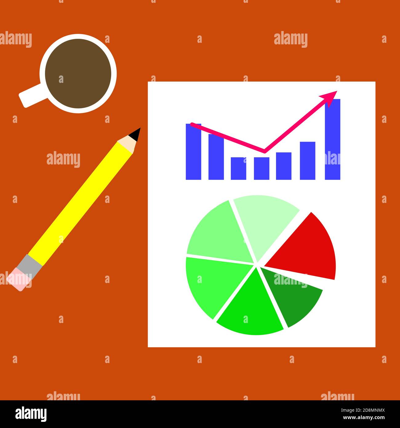 Graphic design of paper with charts, a yellow pencil, and a cup of ...