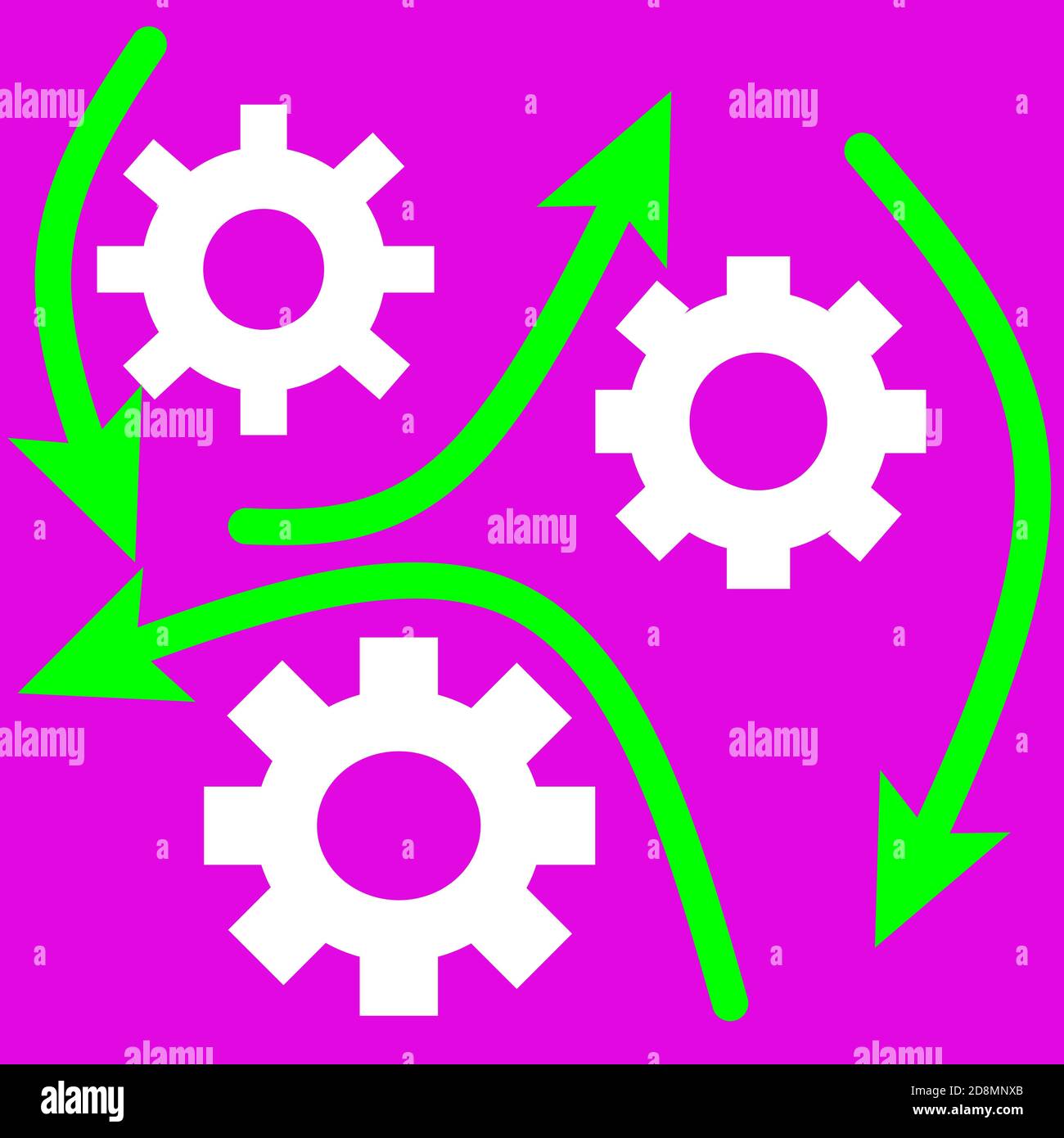 Bright neon purple background with graphic design of gears with arrows ...