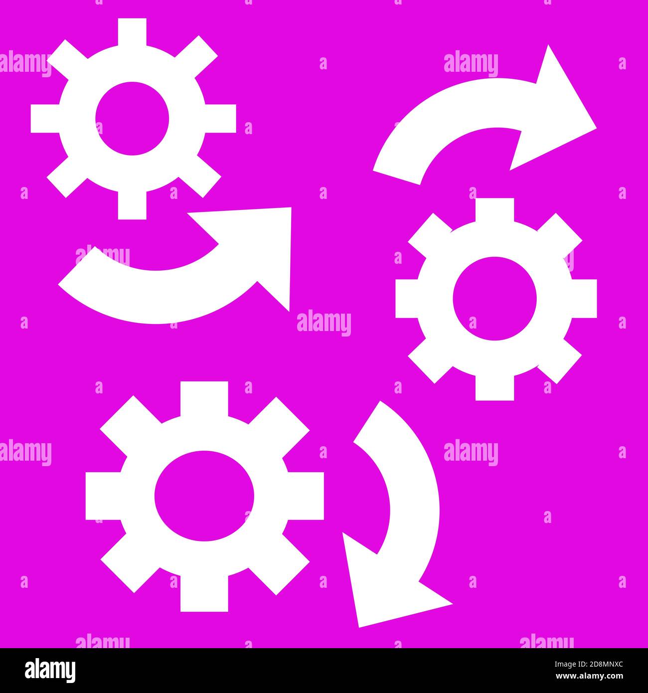 Bright neon purple background with graphic design of gears with arrows ...
