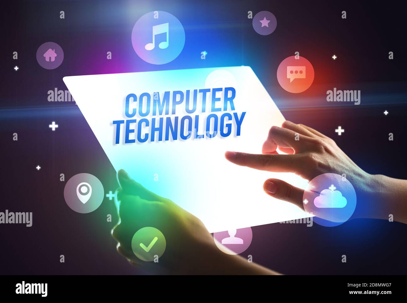 Holding futuristic tablet with COMPUTER TECHNOLOGY inscription, new ...