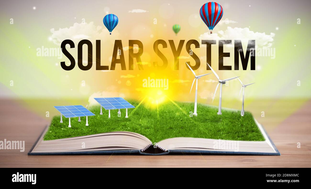 Open book with SOLAR SYSTEM inscription, renewable energy concept Stock ...