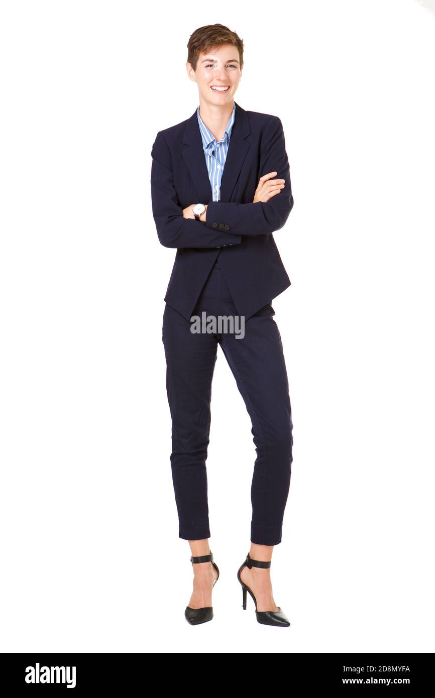 Full body portrait of businesswoman in formal suit isolated against ...