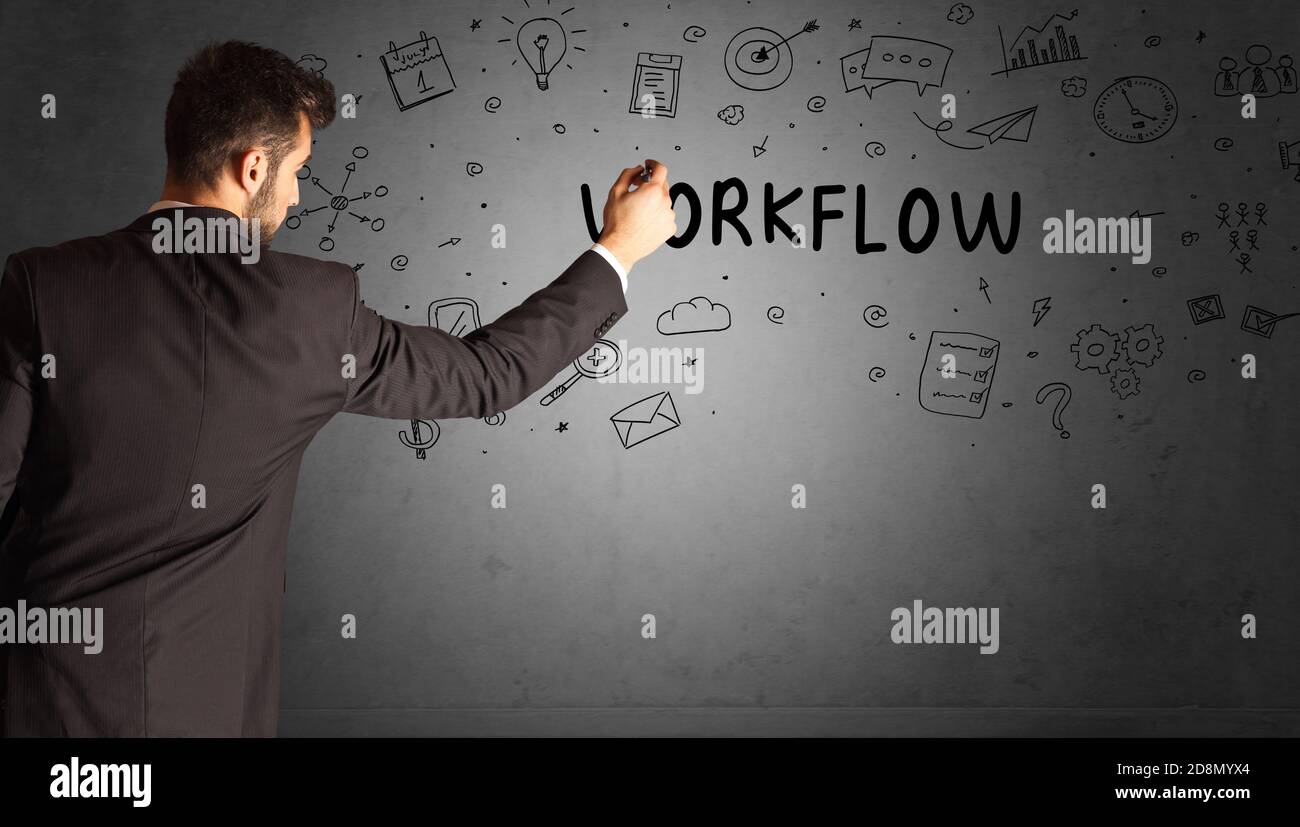 businessman drawing a creative idea sketch with WORKFLOW inscription ...