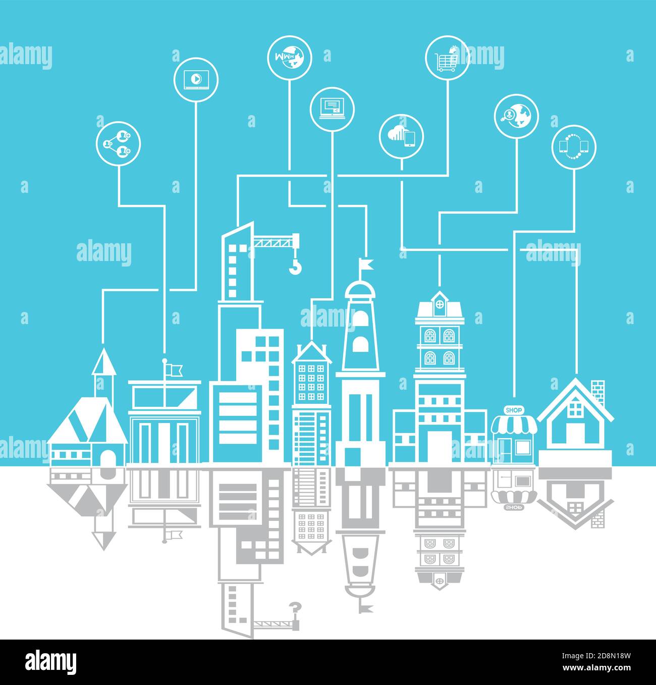 city skyline background, network and multimedia concept, blue ...