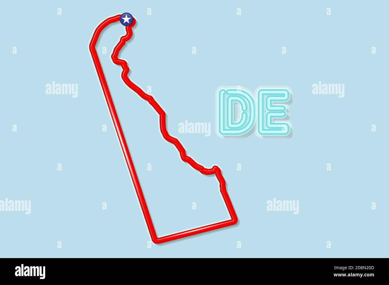 Delaware US state bold outline map. Glossy red border with soft shadow ...