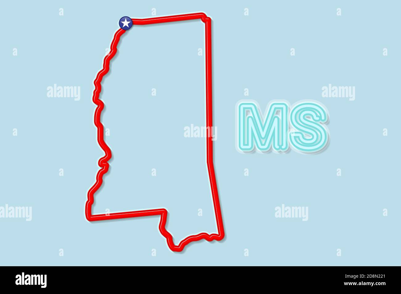 Mississippi US state bold outline map. Glossy red border with soft ...