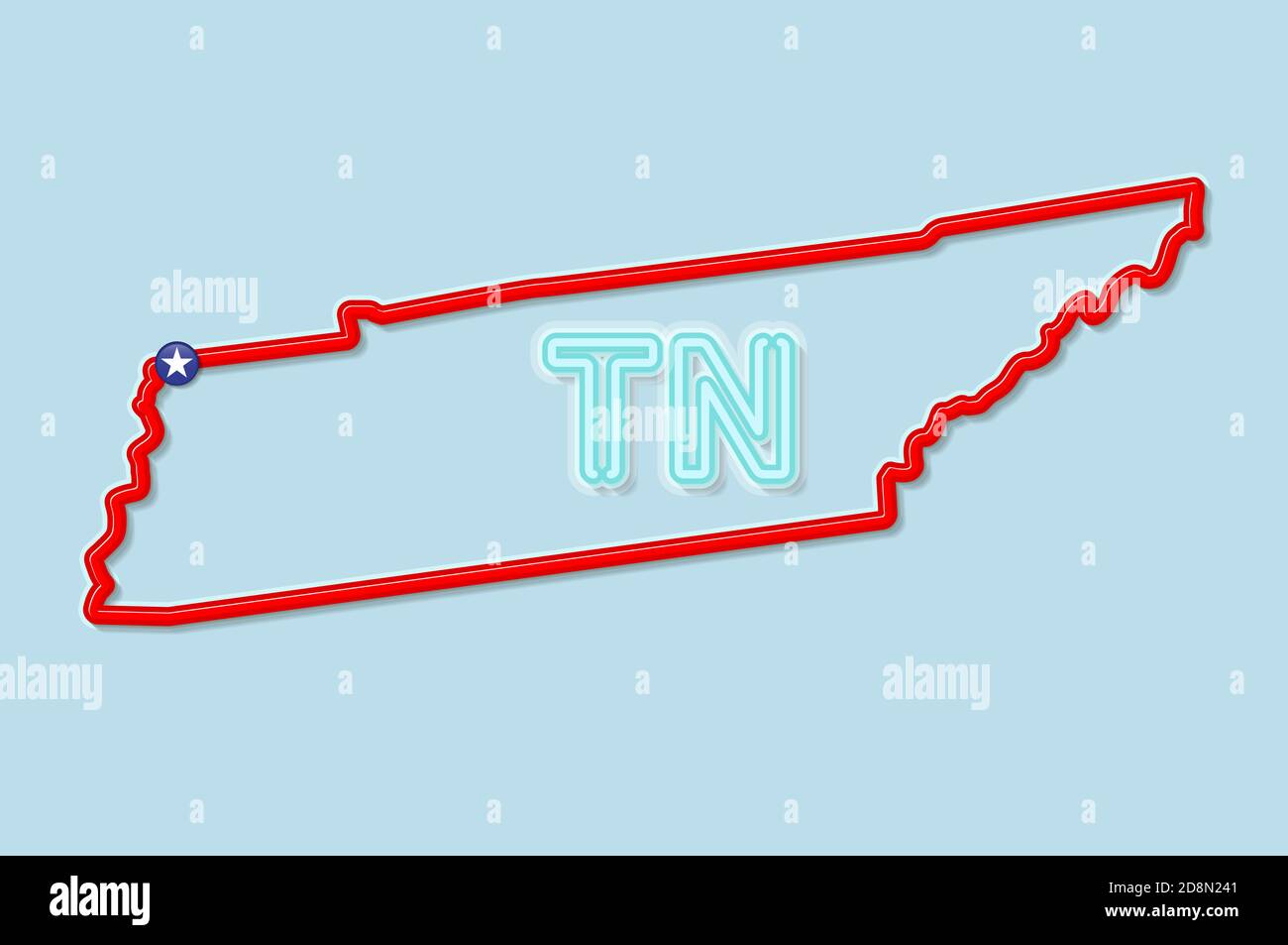 Tennessee US state bold outline map. Glossy red border with soft shadow ...