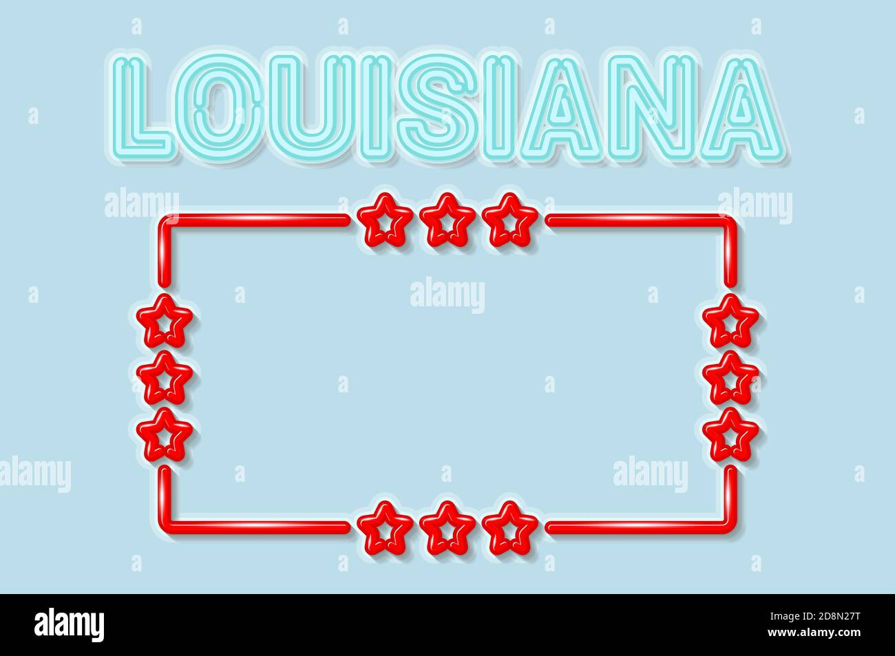 Louisiana US state soft blue neon letters lights off. Glossy bold red ...