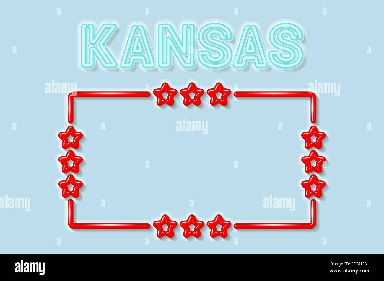 Kansas US state soft blue neon letters lights off. Glossy bold red ...