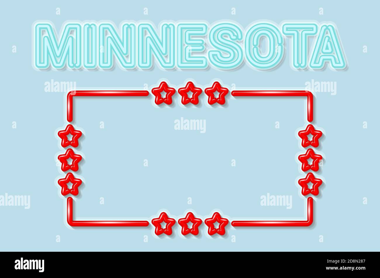 Minnesota US state soft blue neon letters lights off. Glossy bold red ...