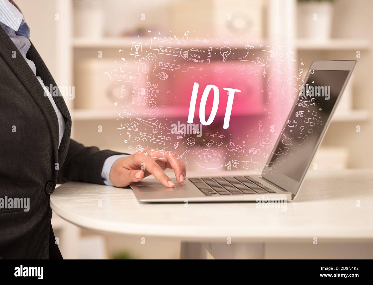 hand working on new modern computer with IOT abbreviation, modern ...