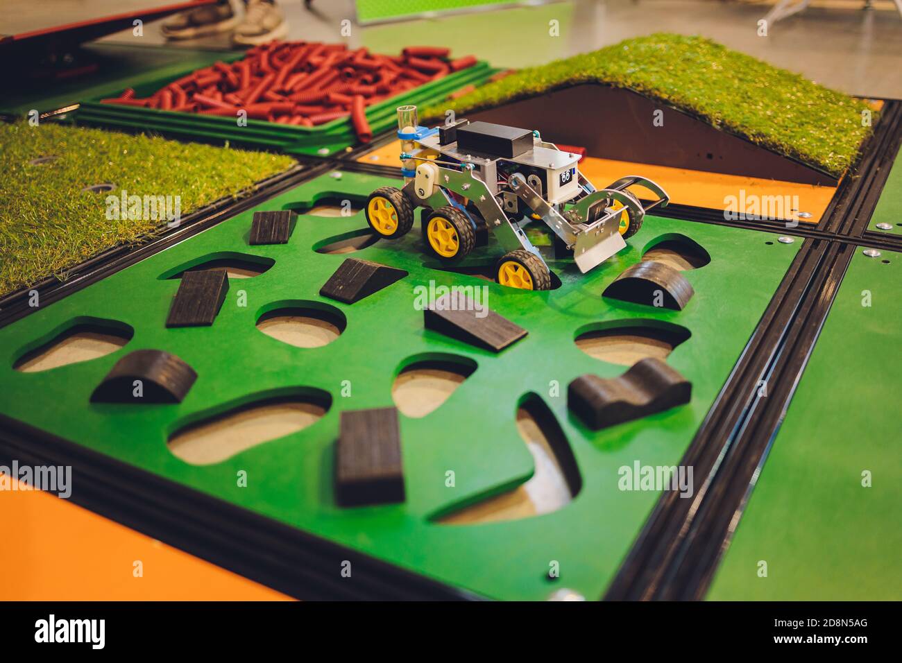 Homemade robot on wheels with eyes. Hobby robotics Stock Photo - Alamy