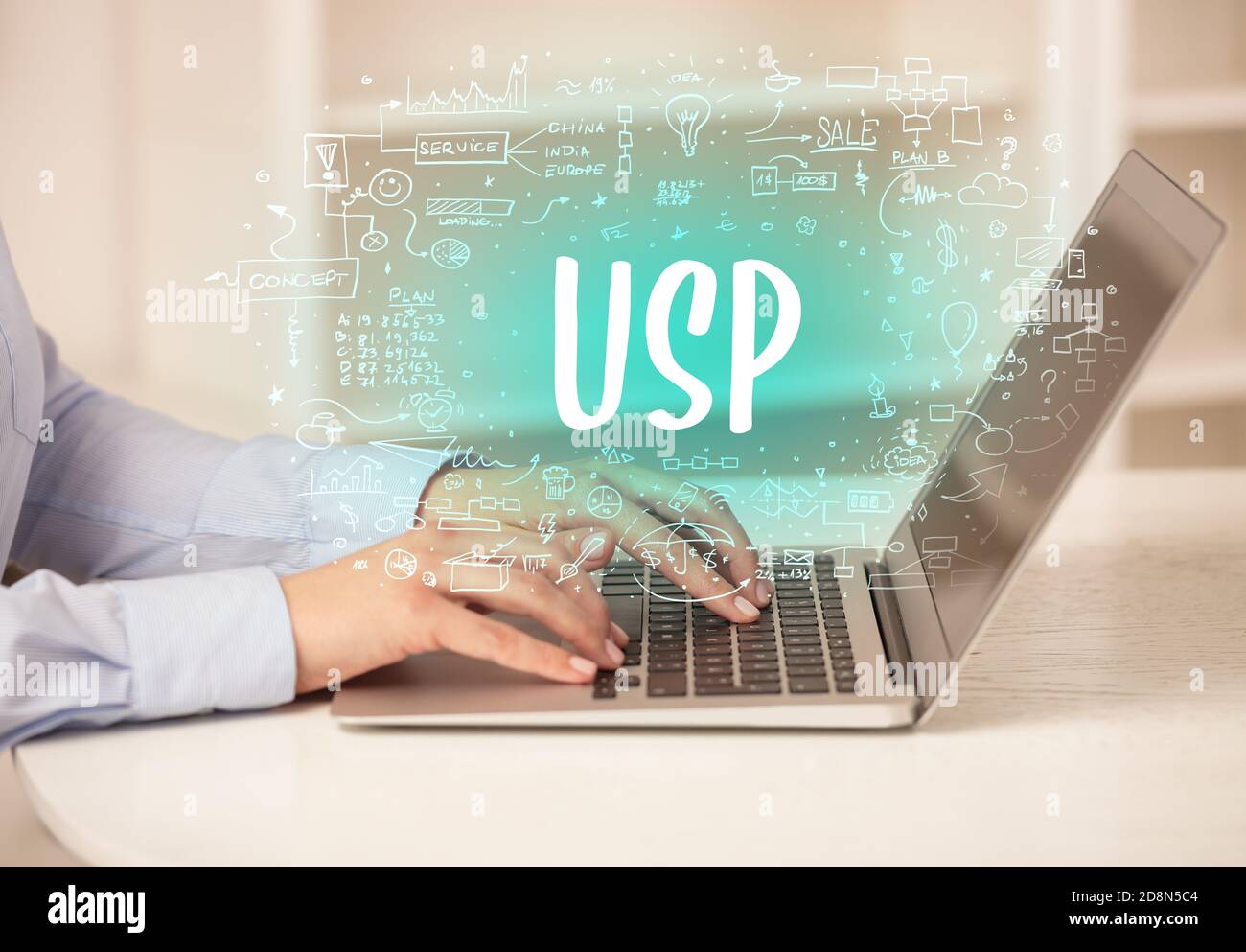 hand working on new modern computer with USP abbreviation, modern ...