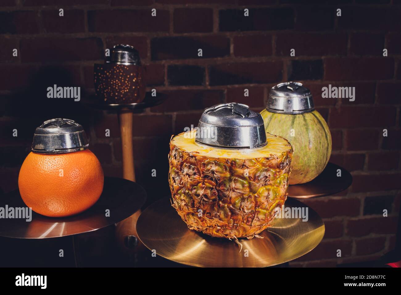 Shisha With Fruit Bowl With Colorful Smoke In Hookah Bar Closeup Stock ...