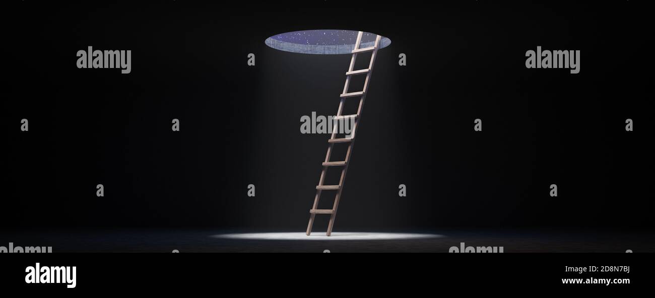 Ladder leading to a night sky, Ladder to freedom concept 3d render 3d ...