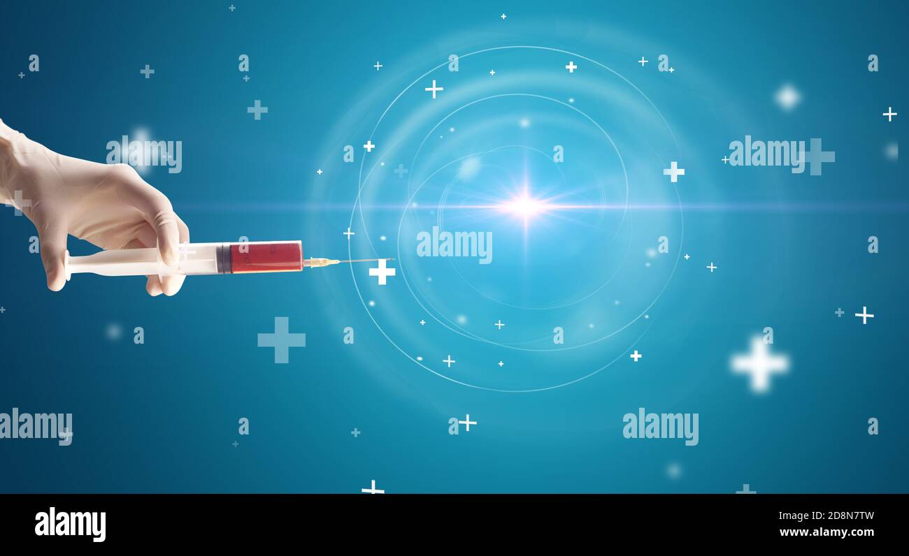 Syringe needle with virus vaccine and abbreviation, antidote concept ...