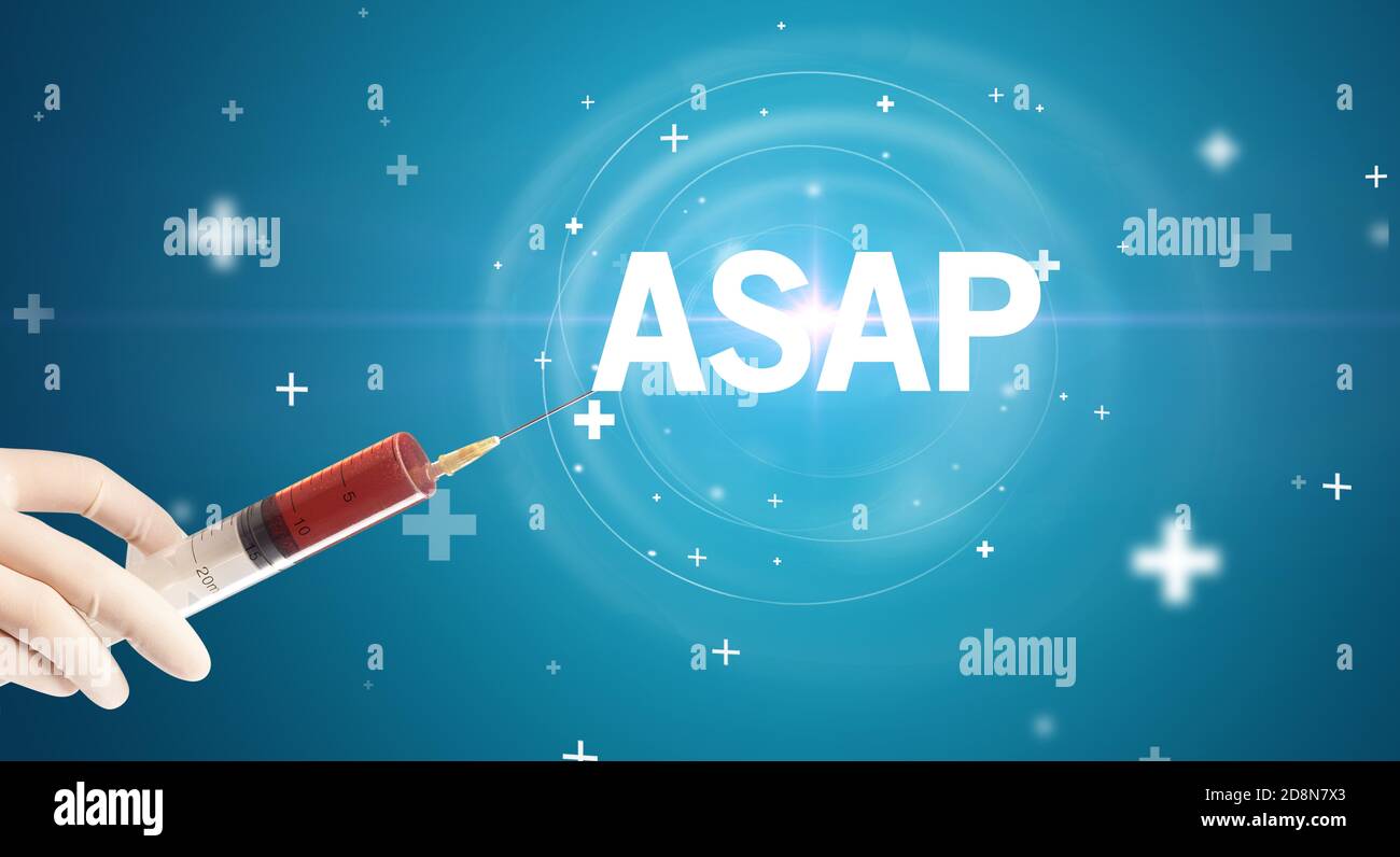 Syringe needle with virus vaccine and ASAP abbreviation, antidote ...