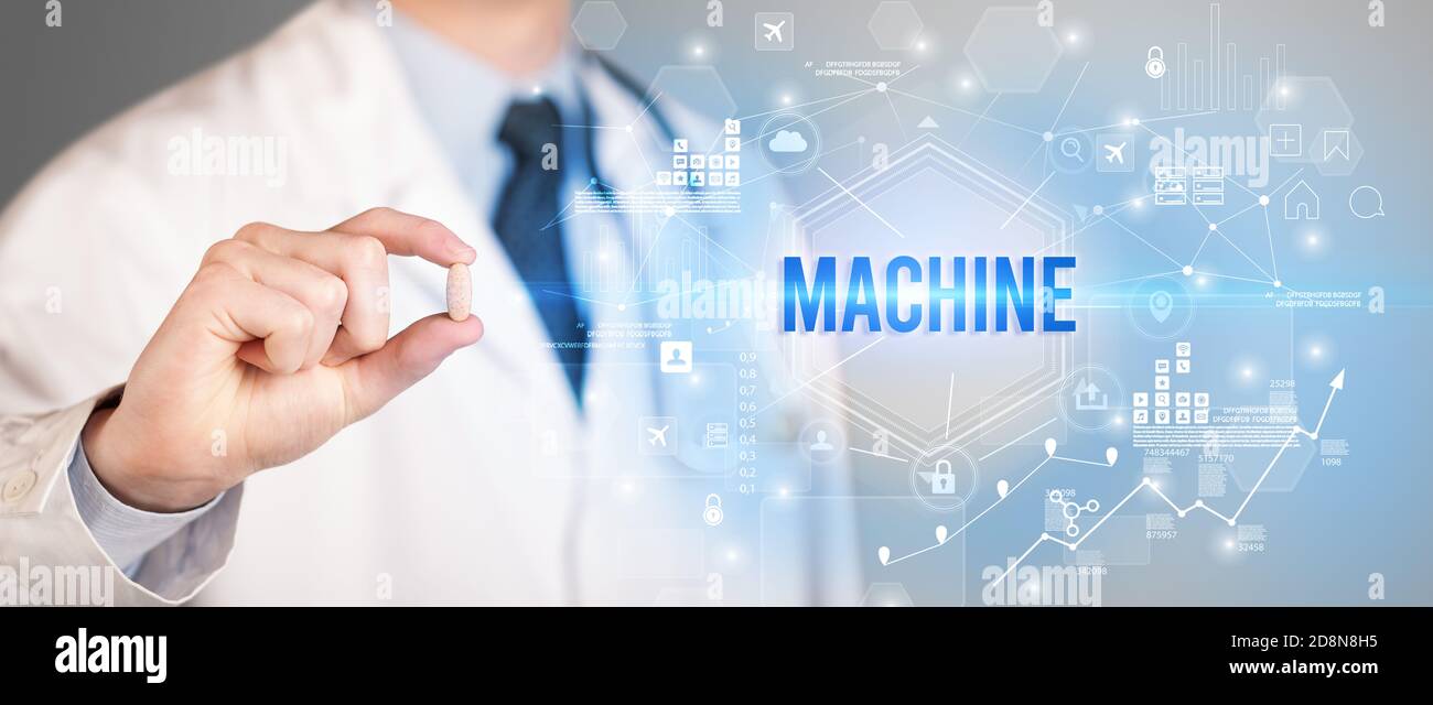 Doctor giving a pill with MACHINE inscription, new technology solution ...