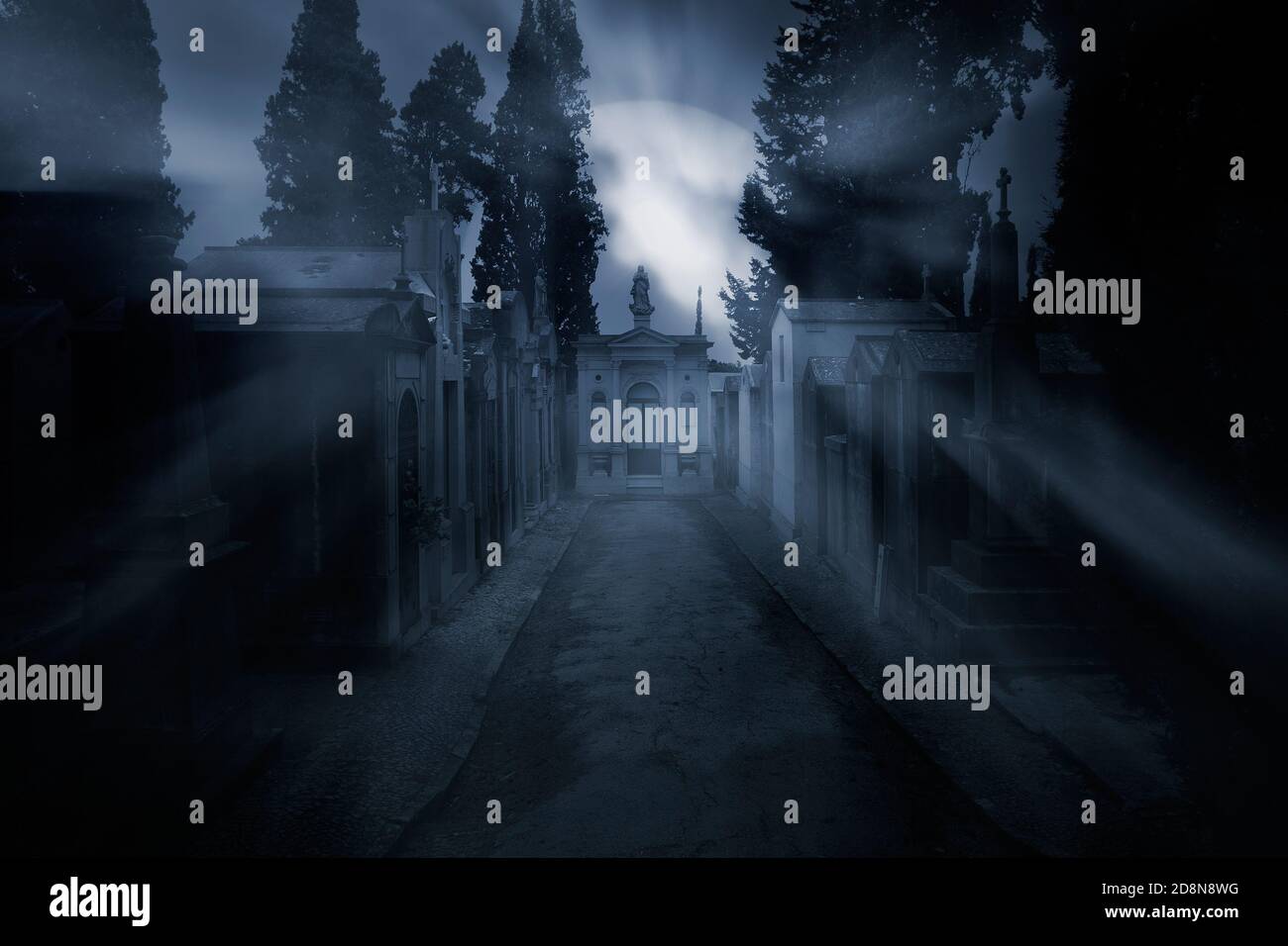 Street of an old european cemetery in a foggy full moon night Stock ...