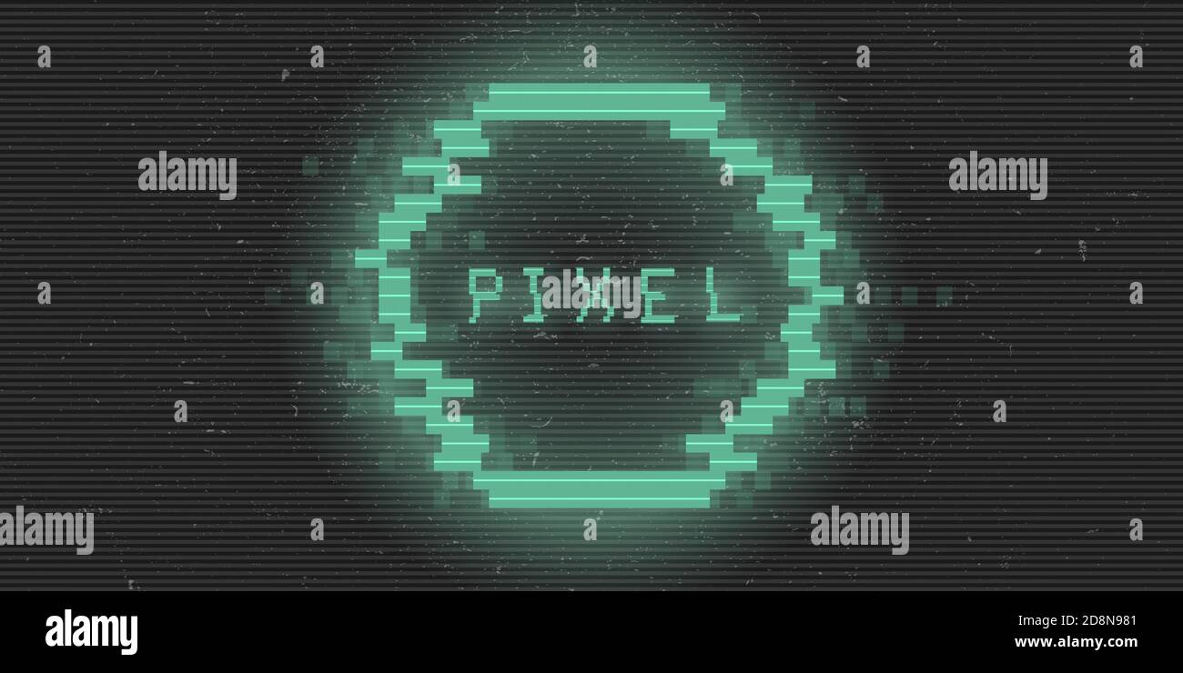 Retrofuturistic cyberpunk glitch pixel circle. Green glowing digital ...