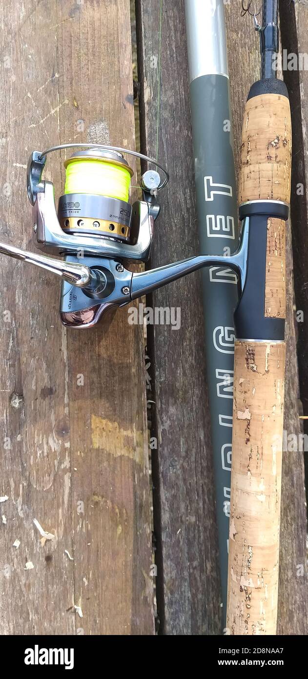 Trout fishing equipment in the lake with the spinning technique Stock ...
