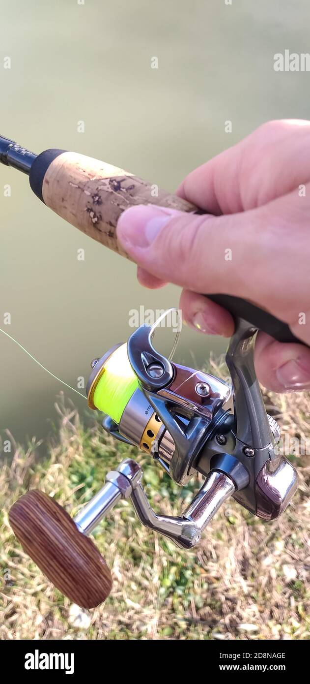 Trout fishing in the lake with the spinning technique Stock Photo - Alamy