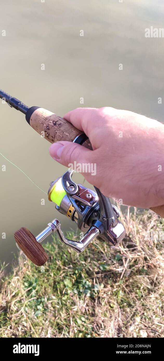Trout fishing in the lake with the spinning technique Stock Photo - Alamy