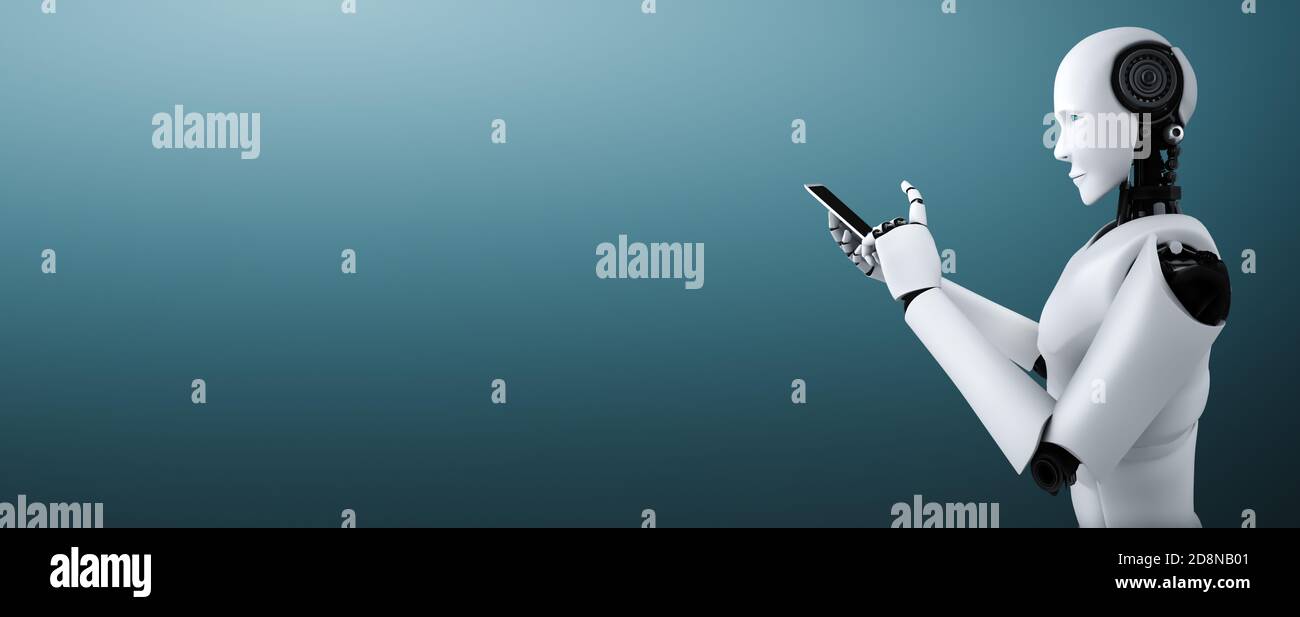 Robot humanoid use mobile phone or tablet in future office while using ...