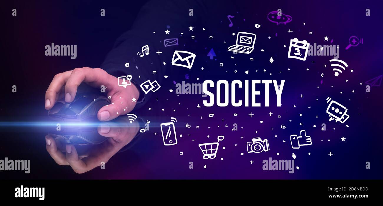 hand holding wireless peripheral with SOCIETY inscription, social media ...