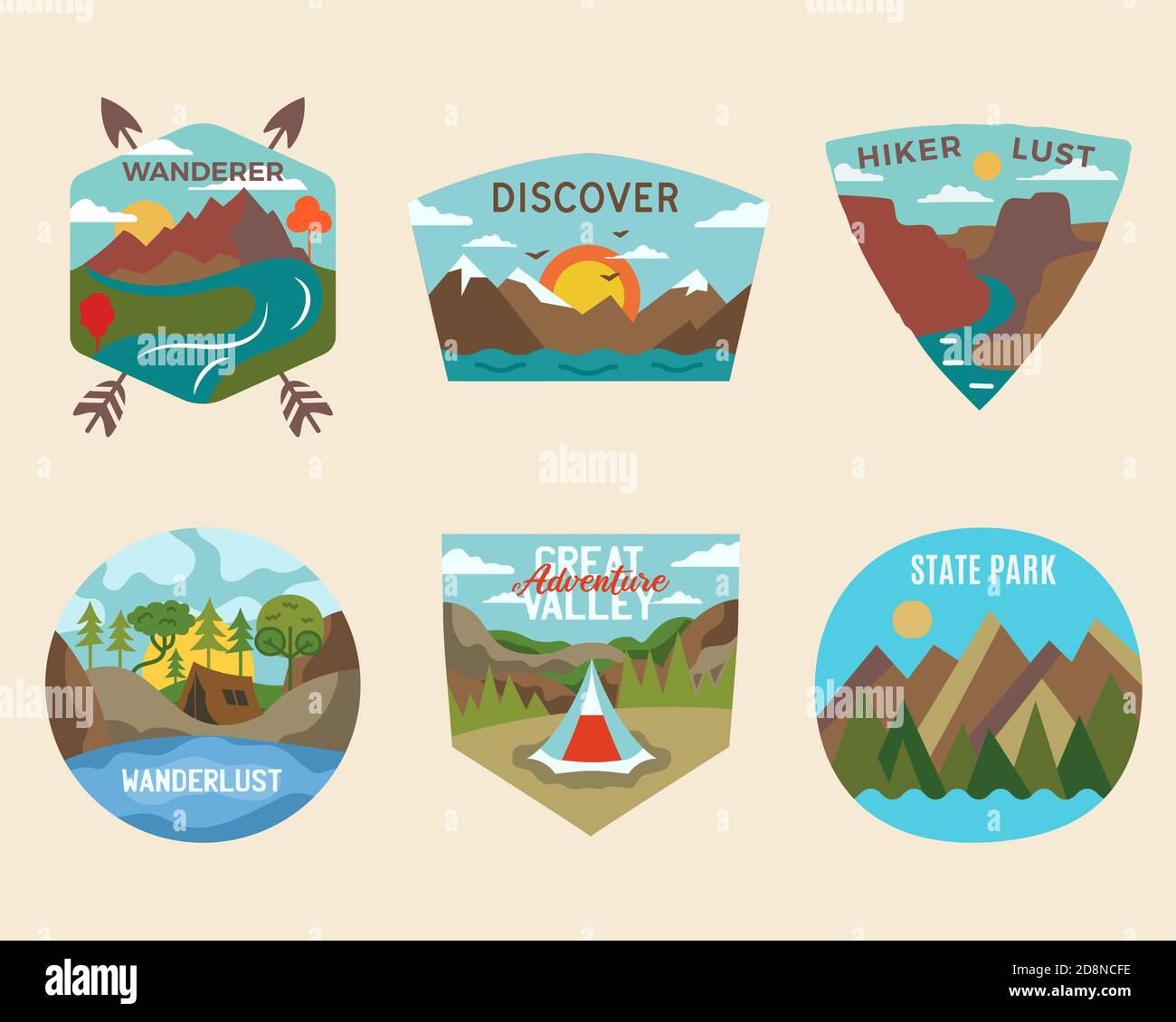 Camping adventure badges logos set, Vintage travel emblems. Hand drawn ...